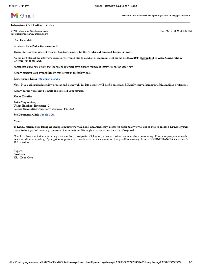 Gmail - Interview Call Letter - Zoho | PDF