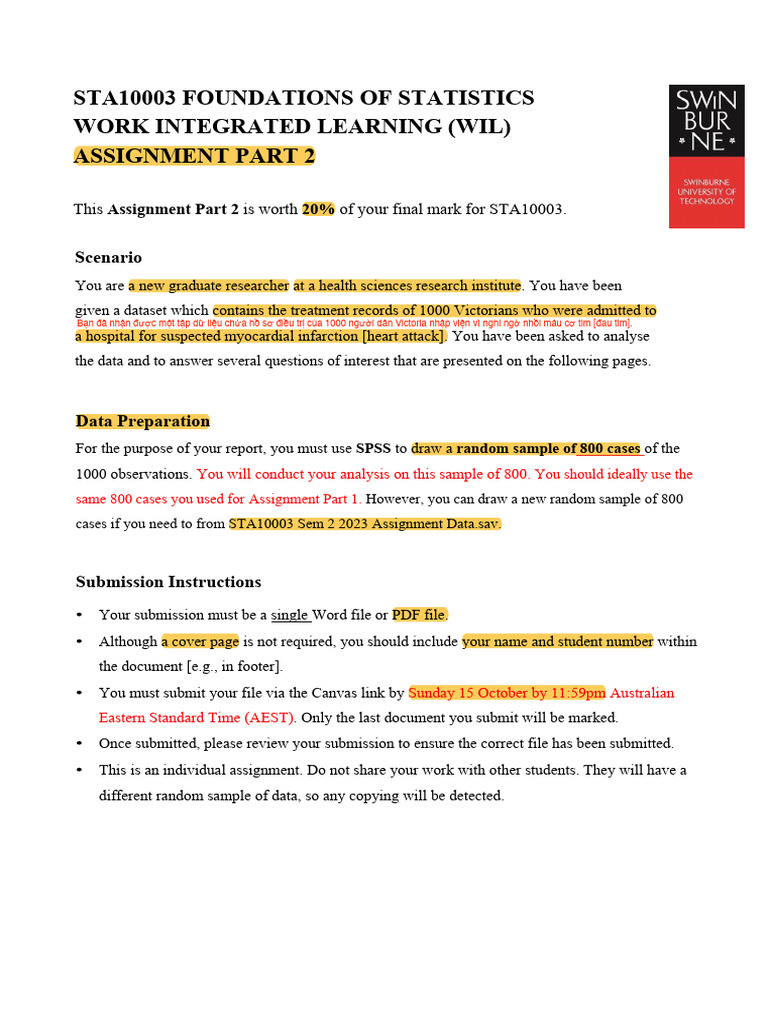 STA10003 Sem 2 2023 Assignment Part 2 - Instructions | PDF
