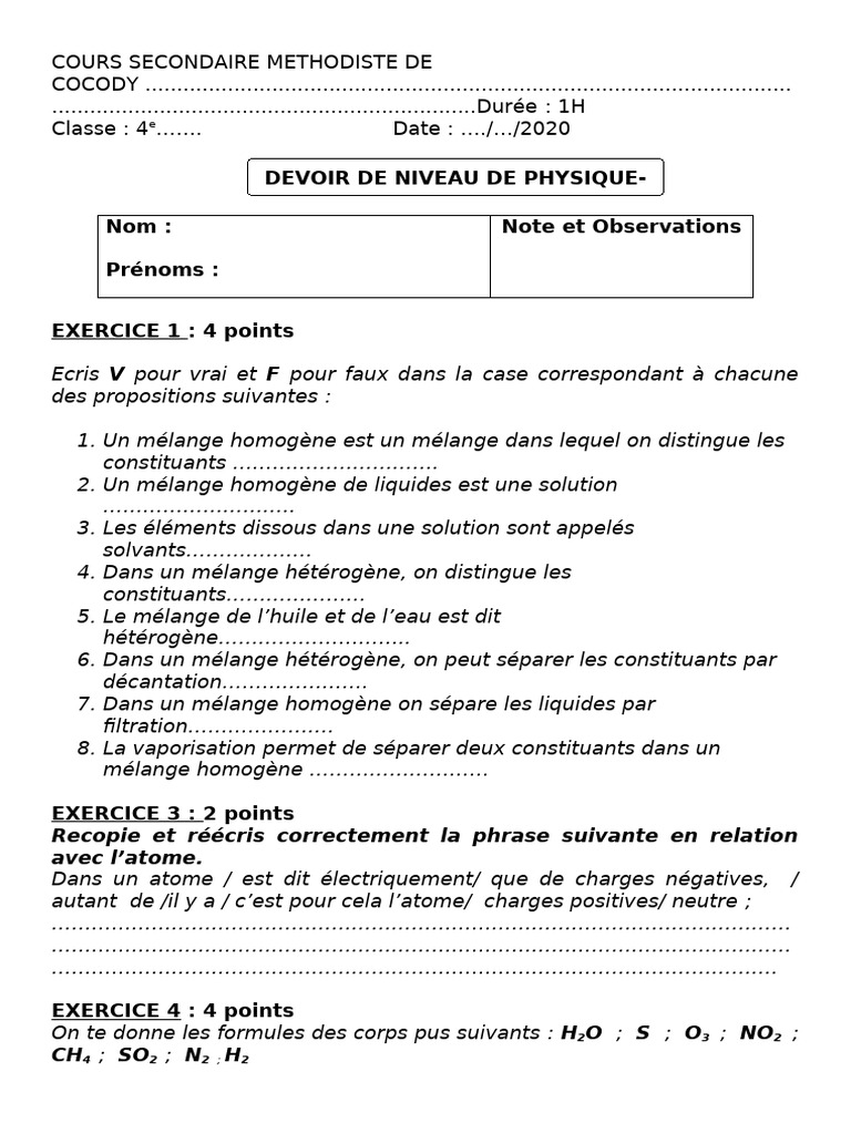 Devoir de Niveau 4e | PDF