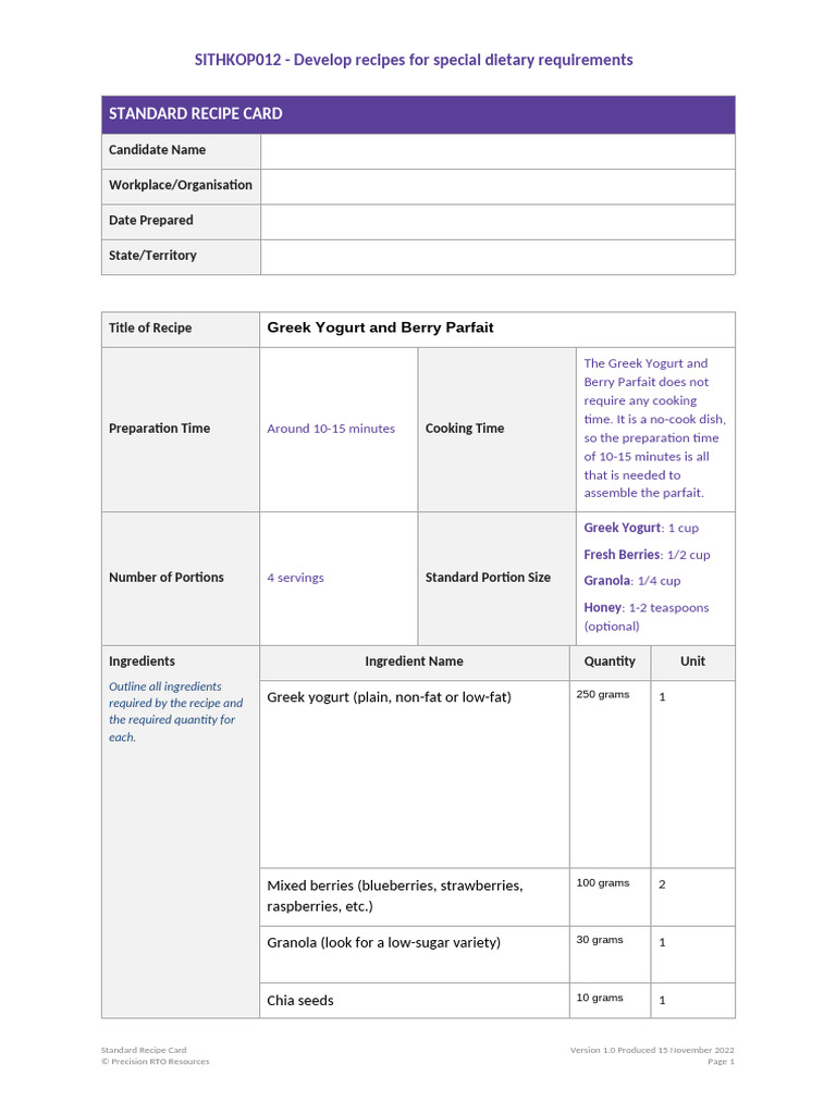SITHKOP012 Standard Recipe Card v1.0 | PDF