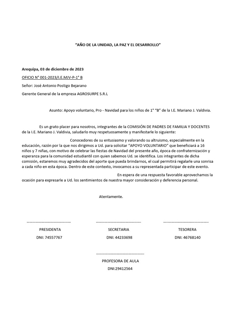 Oficio para Apoyo Voluntario para 1° B | PDF