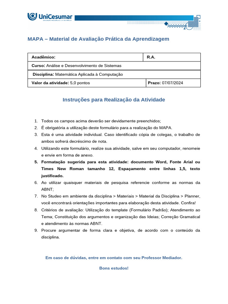 ATIVIDADE MAPA - MATEMATICA APLICADA - Mapa-1 | PDF