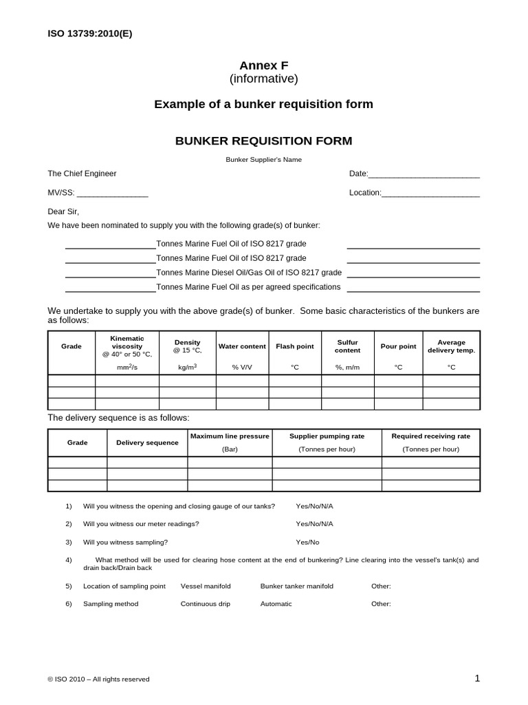 Bunker Requisition Form (Annex F) | PDF