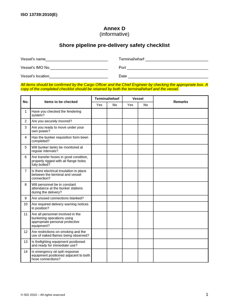 Shore Pipeline Checklist (Annex D) | PDF