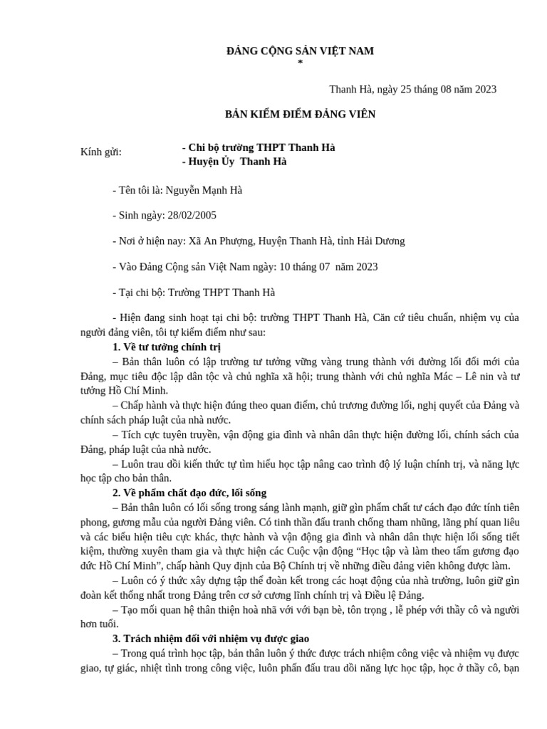 Mau Ban Kiem Diem Dang Vien Chuyen Sinh Hoat Dang | PDF