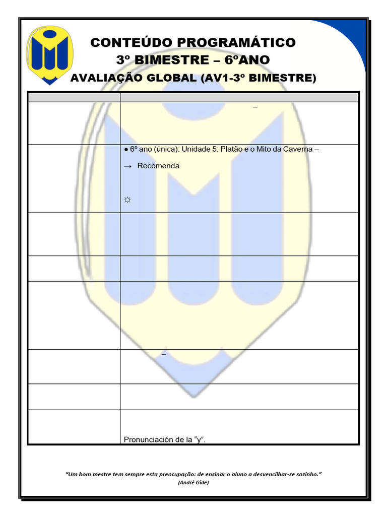 Conteúdo Programático Av1 - 3º Bimestre 6º Ano 2024 | PDF