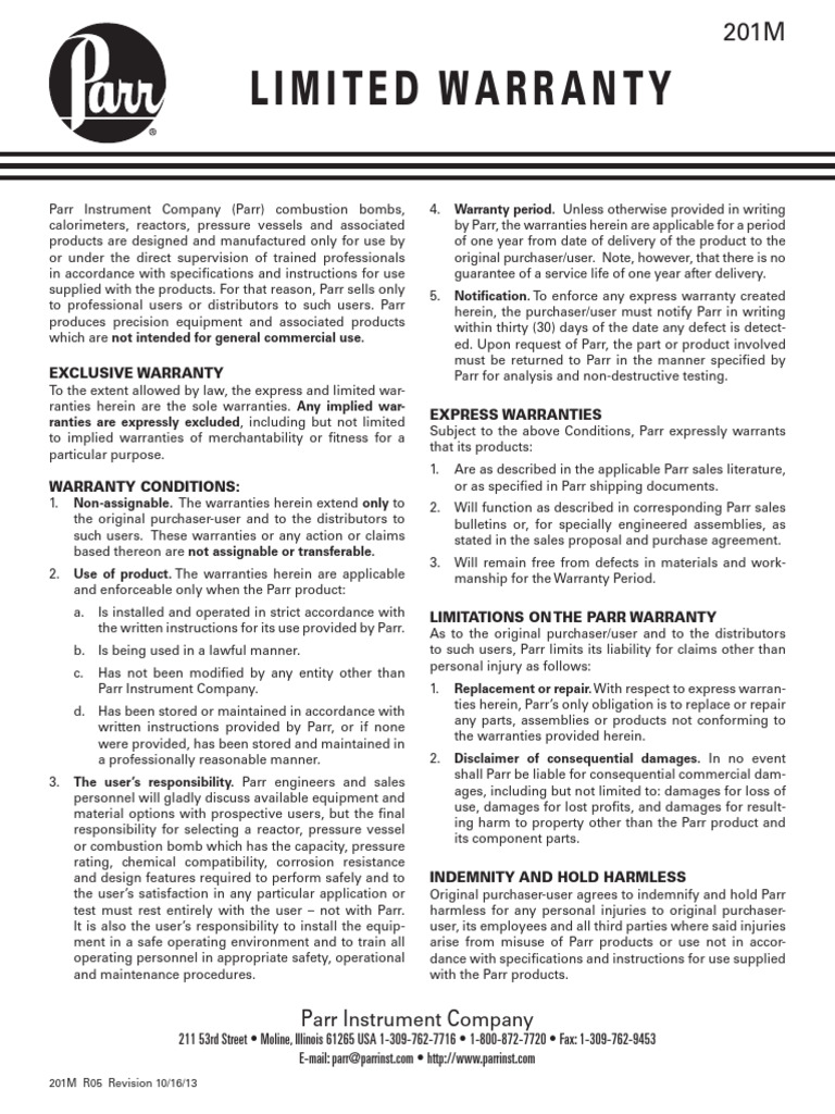 Parr Instrument Limited Warranty Guide | PDF | Indemnity | Damages