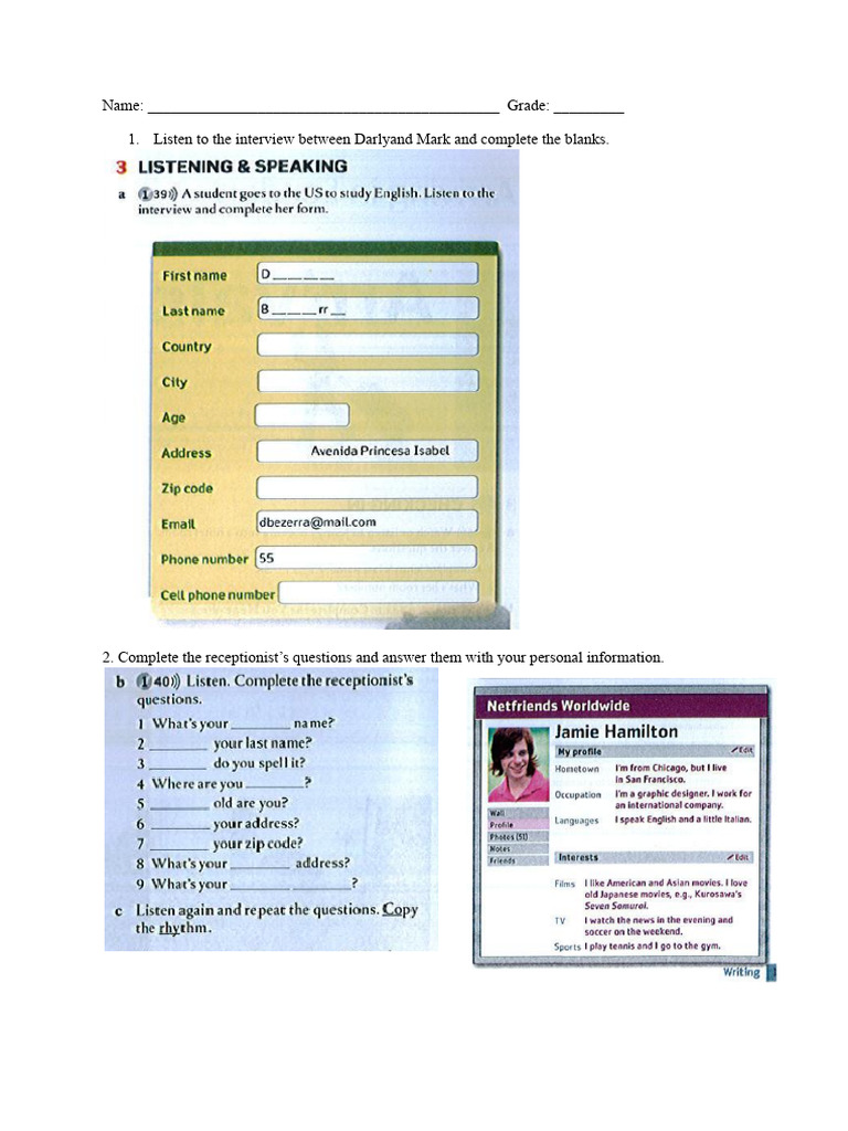 Introducing Yourself Worksheet | PDF