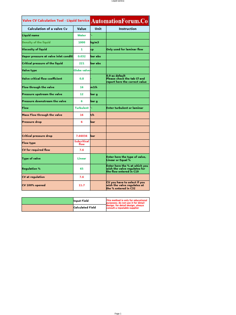 Flow and CV Calculation Tool-3 | PDF | Valve | Fluid Dynamics