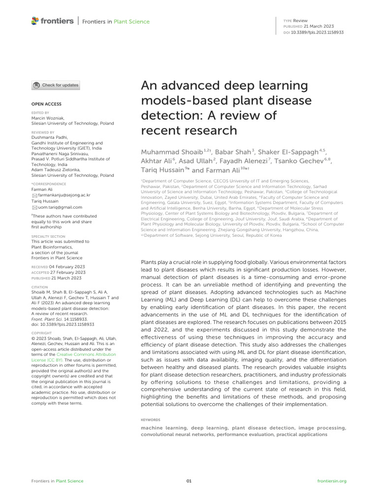 An Advanced Deep Learning Models Based Plant Disease Detection A Review Of Recent Research Pdf