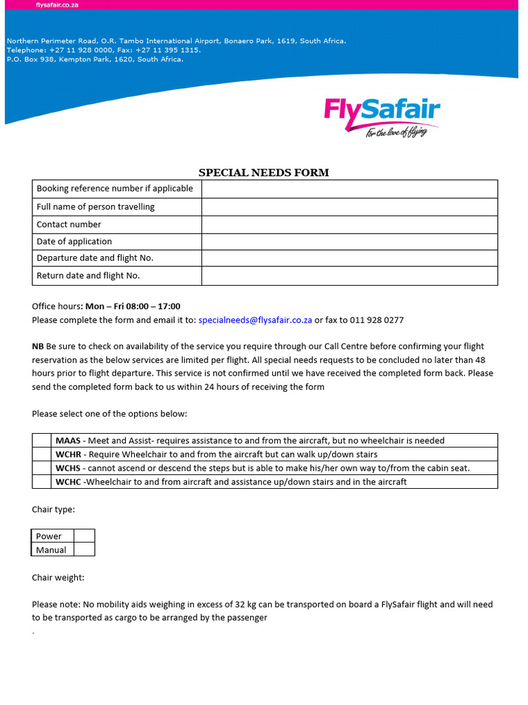 HTTPSWWW Flysafair Co zauploadFlySafair20special20needs20form20 PDF ...