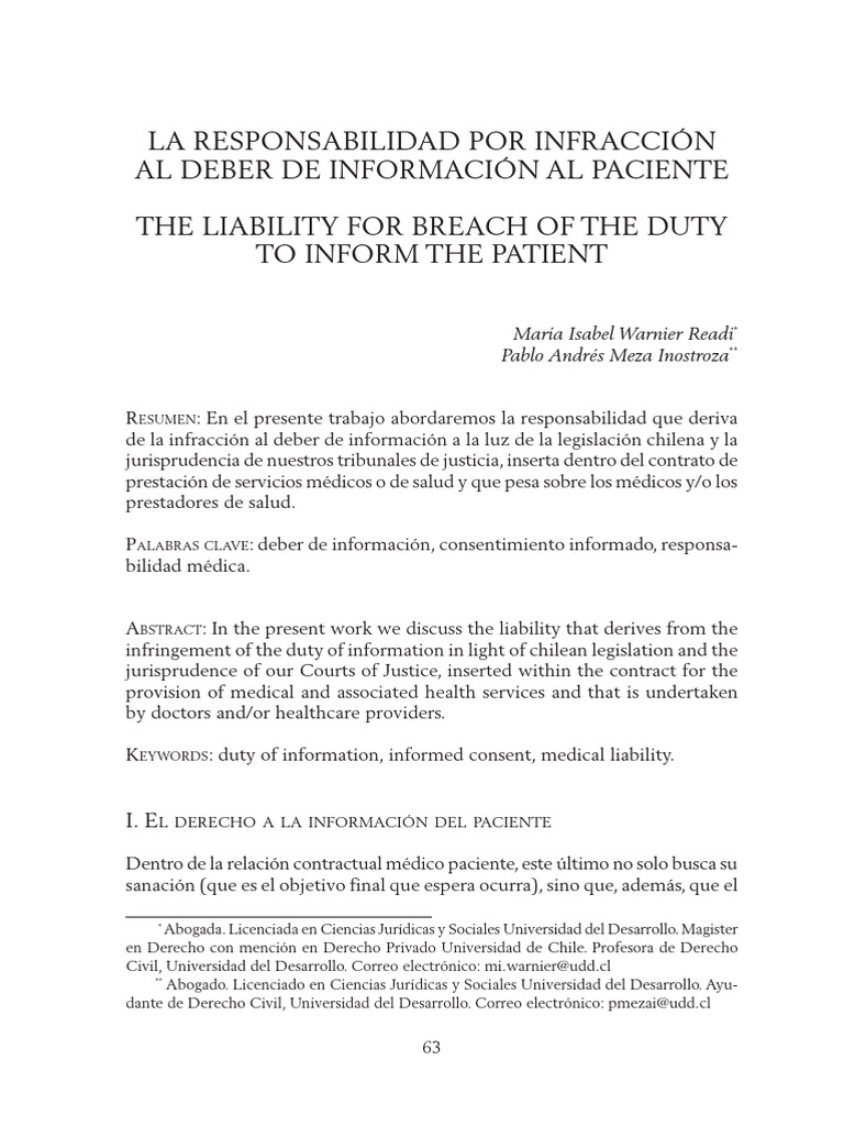 3 La Responsabilidad Por Infraccion Al Deber de Informacion Al Paciente ...