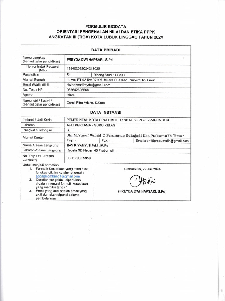 Bio Formulir Freyda | PDF