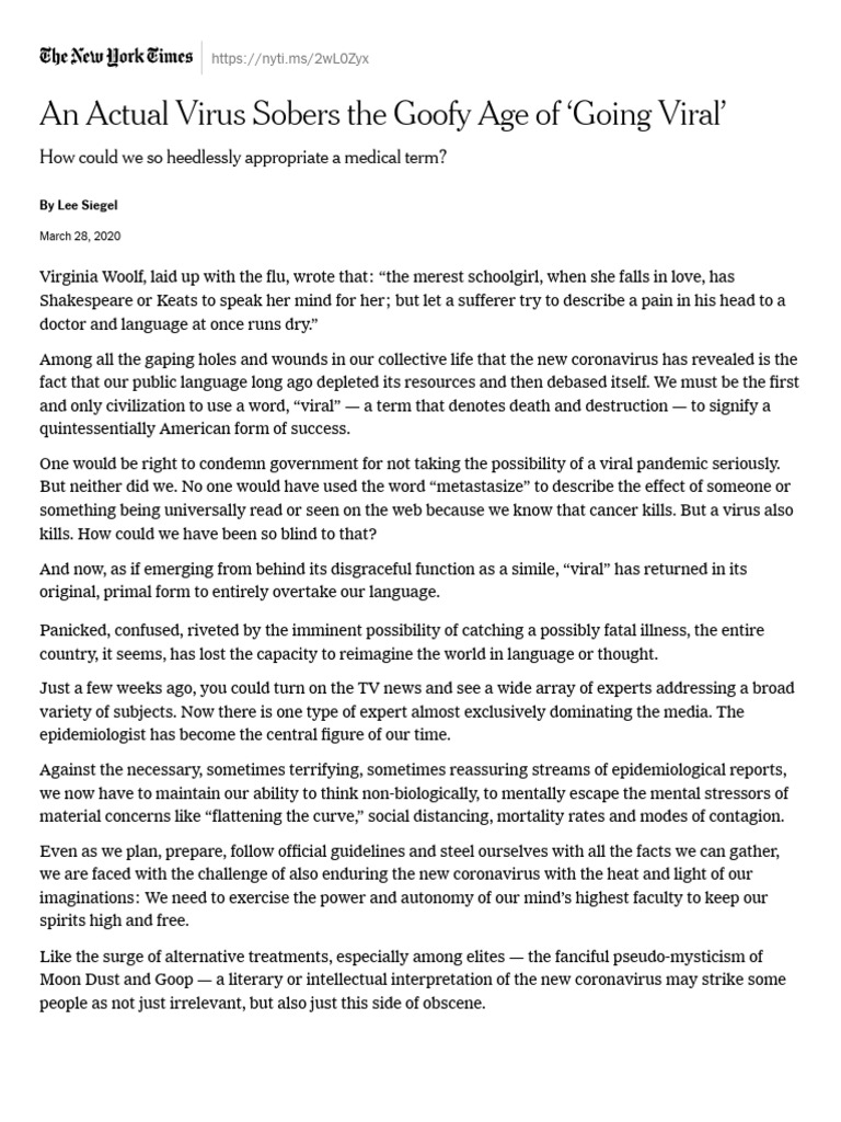 An Actual Virus Sobers The Goofy Age of Going Viral' - The New York ...