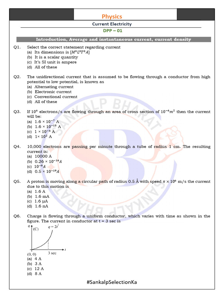 DPP 01 Introduction, Average and Instantaneous Current, Current Density - 844 - 1711208702408 | PDF
