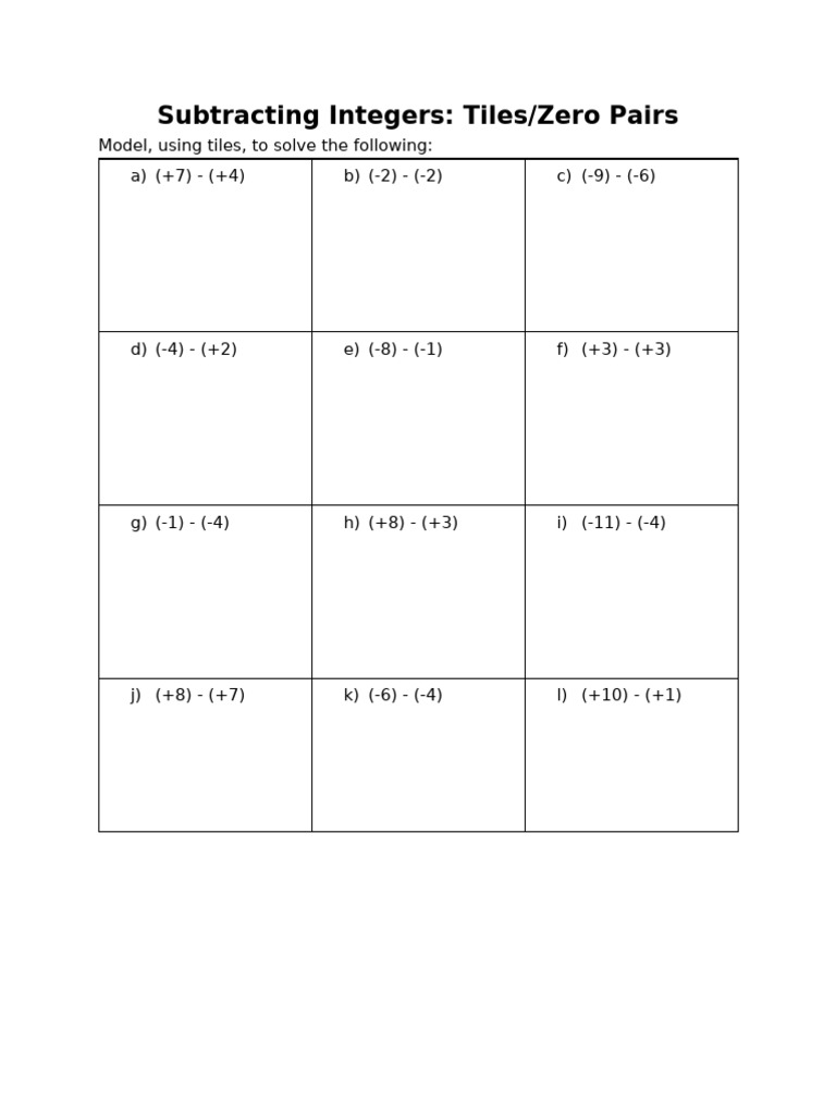 Subtracting Integers Using Tiles - Zero Pairs Practice | PDF