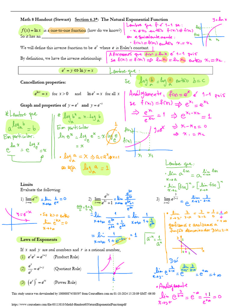 Math8 Handout 6.3NaturalExponentialFunction PDF | PDF