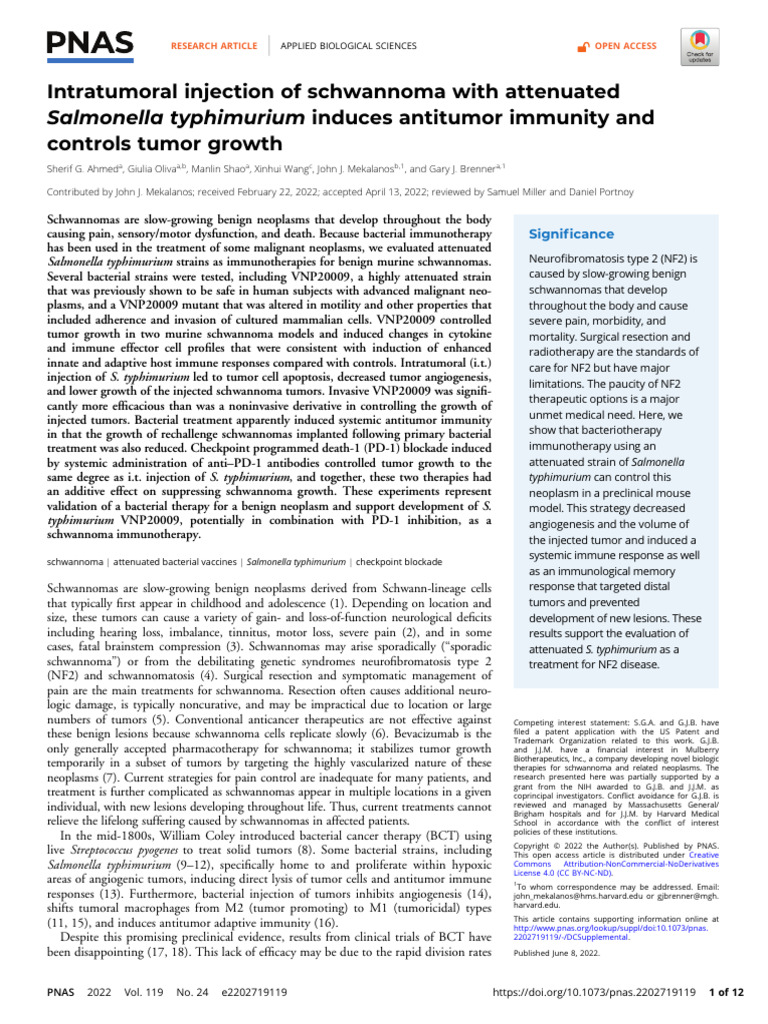 Intratumoral Injection of Schwannoma With Attenuated S Typhimurium ...