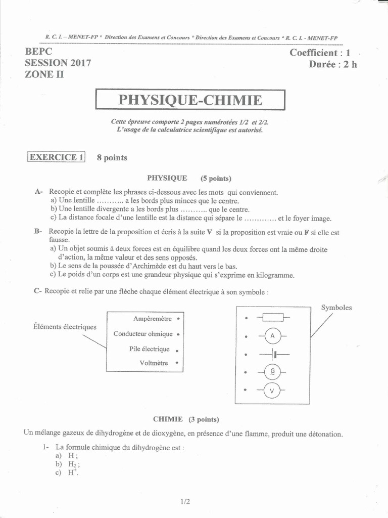 RCI 17 BEPC Physique Chimie Zone 2 | PDF
