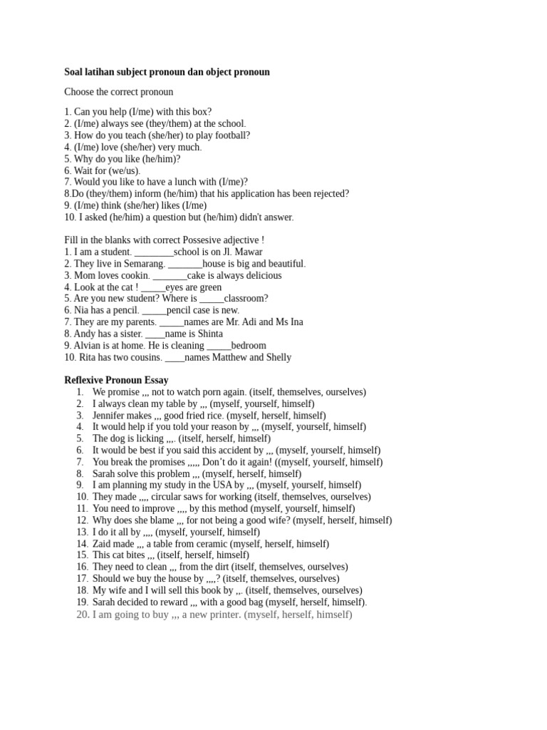 Soal Latihan Subject Pronoun Dan Object Pronoun | PDF