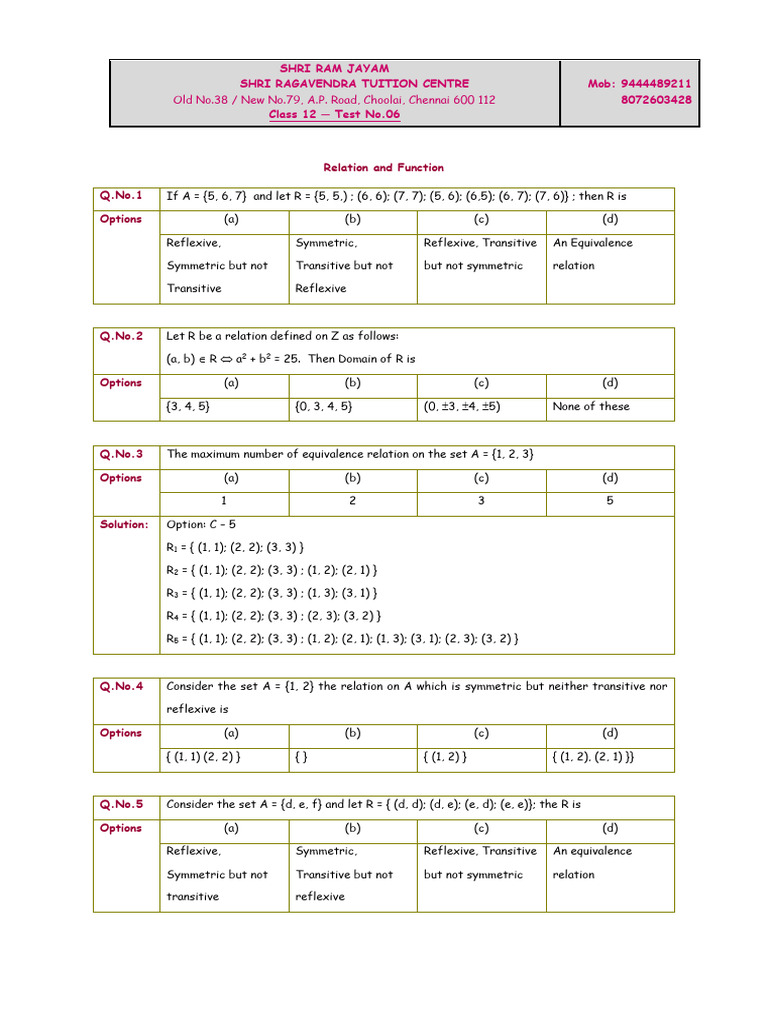 Realation and Functions Class 12 Chapter 1 MCQ Worksheet | PDF