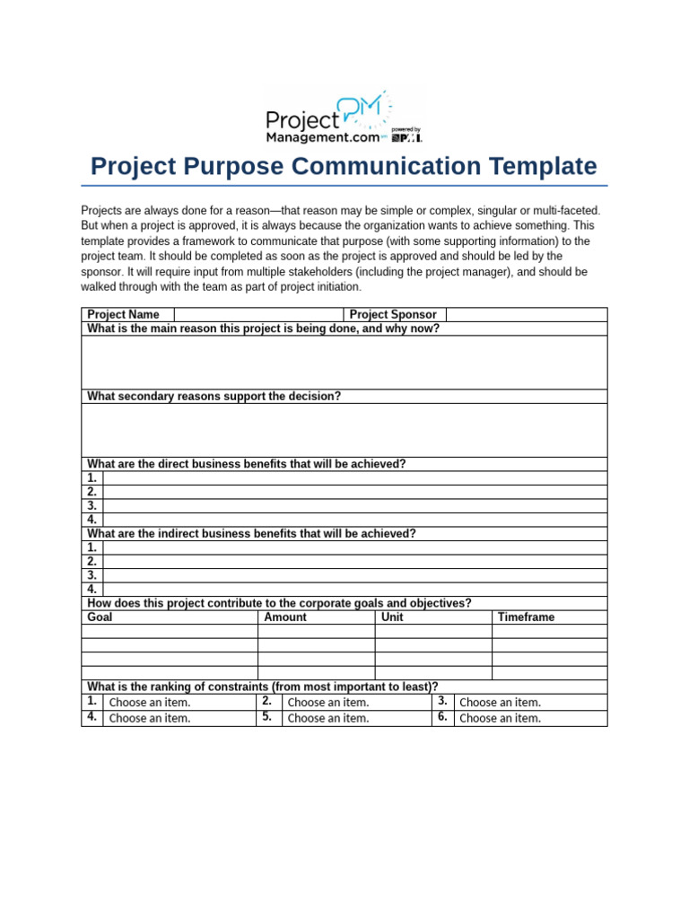 PMI Project - Purpose - Communication - Template | PDF
