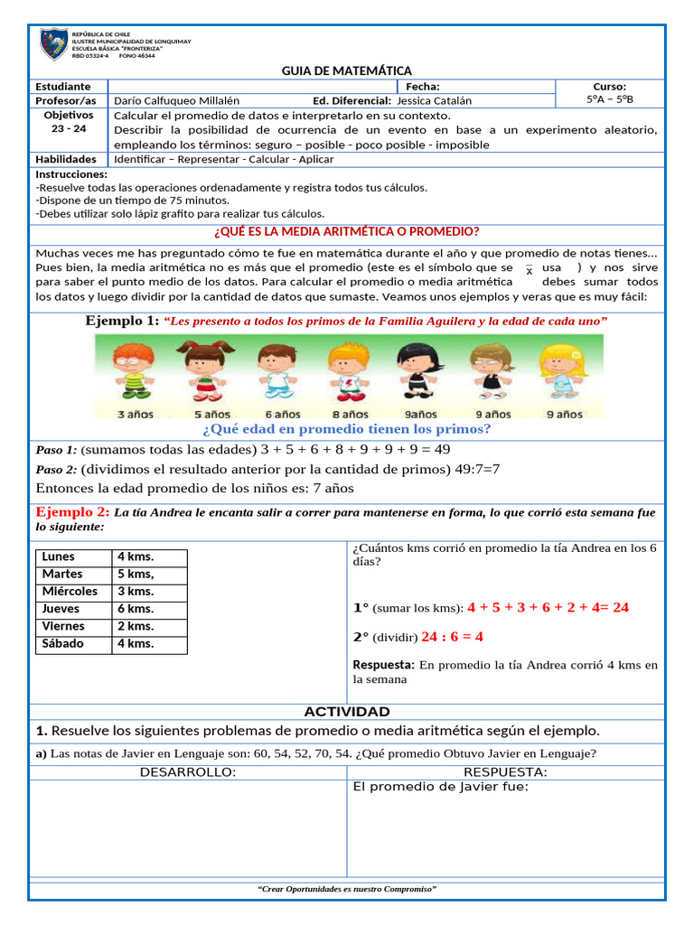 GUIA DE PROMEDIOS 5 BASICO | PDF