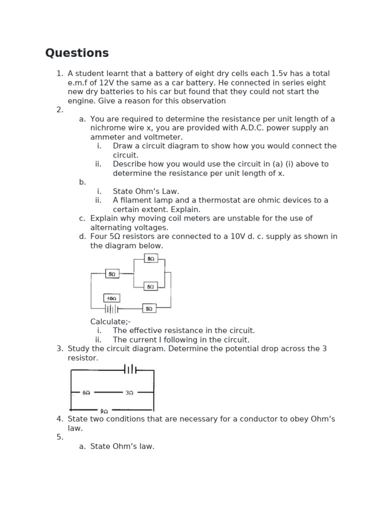 Questions Current Electricity | PDF