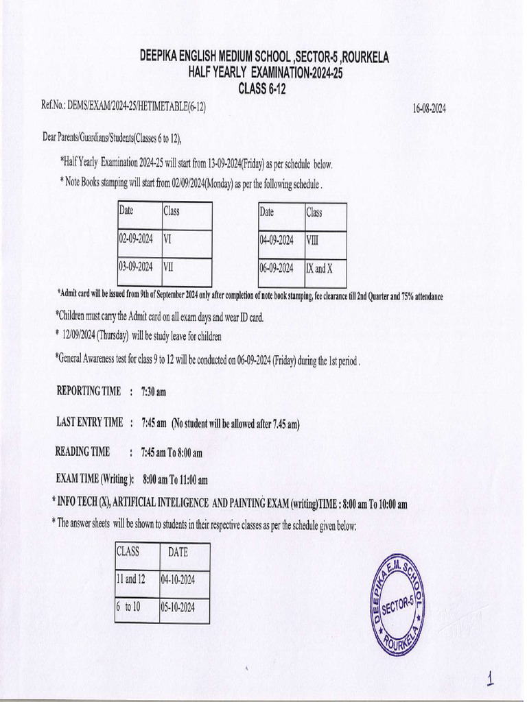 6-12 Half-yearly-Exam Time Table - 2024-25 | PDF