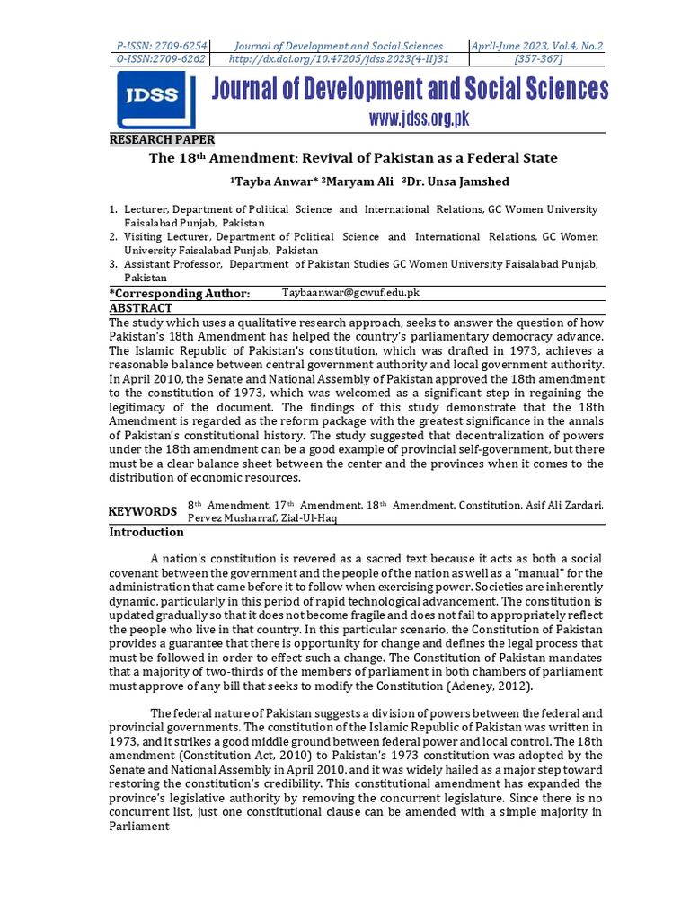 The 18 Amendment: Revival of Pakistan As A Federal State: Research ...