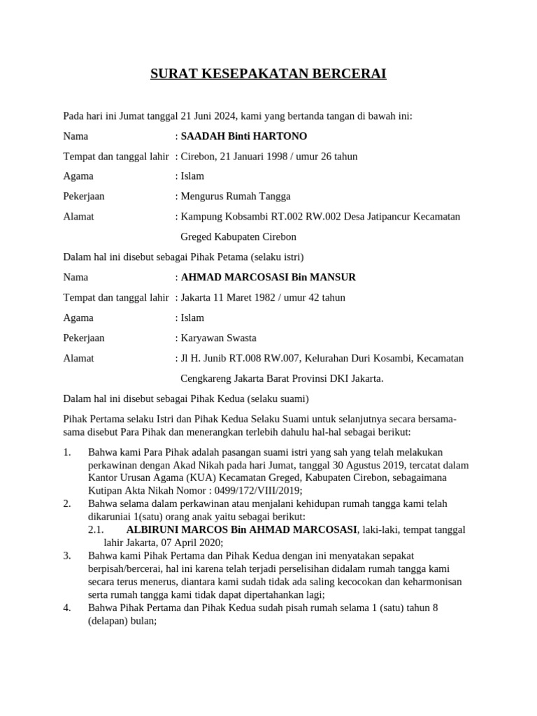 Surat Kesepakatan Bercerai | PDF