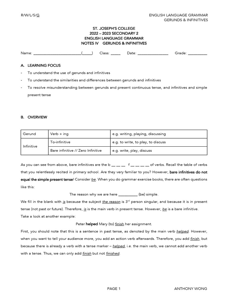 Notes IV Gerunds & Infinitives 2C | PDF