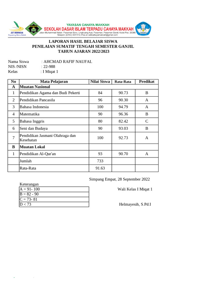 Rapor Bulanan Kelas 3 Kurmer 2024 (1) - 1 | PDF