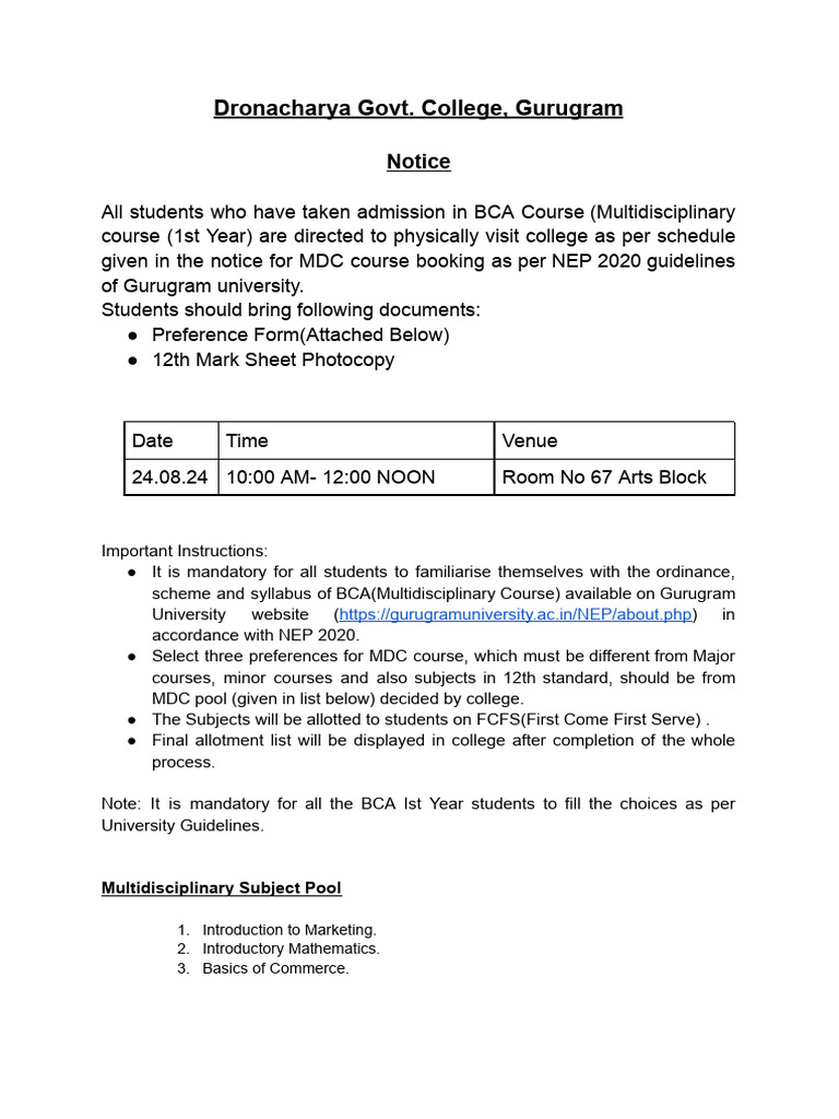 MDC Instruction and Form Students | PDF