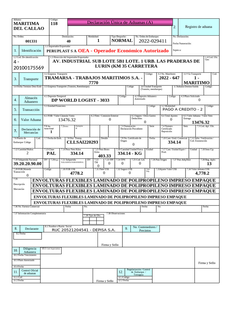 Aduana Formato A-DAM VACIA | PDF