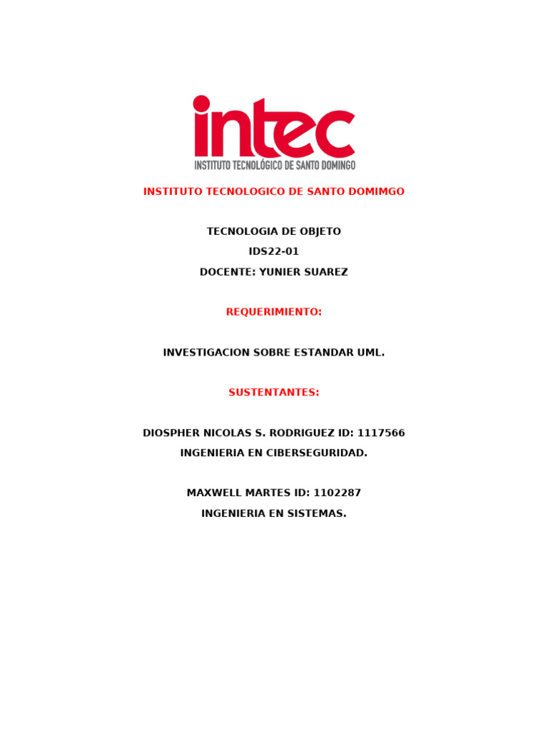 Instituto Tecnologico de Santo Domimgo: Tecnologia de Objeto IDS22-01 ...