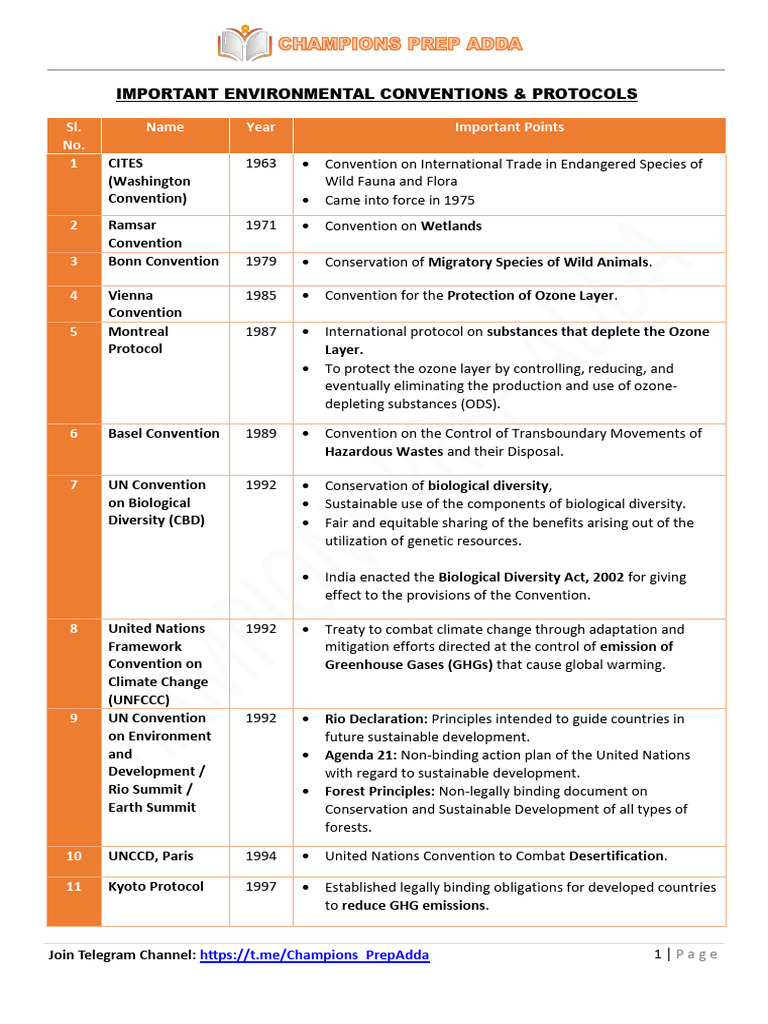 Quick Revision Notes On Environmental Conventions & Protocols by | PDF
