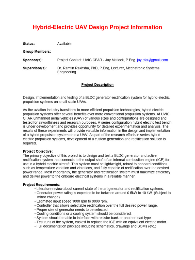 Capstone Spring 2023 - Hybrid-Electric UAV Design Project Information | PDF