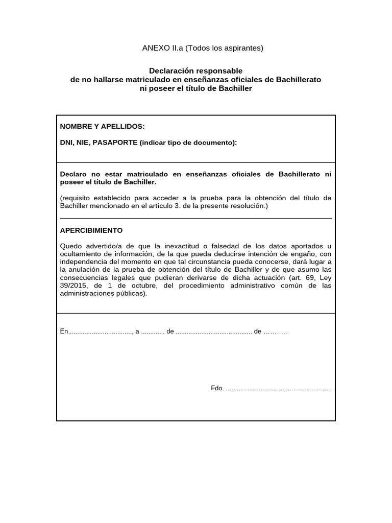 Anexo Iia Declaraci N Responsable de No Hallarse Matriculado en Bachillerato | PDF