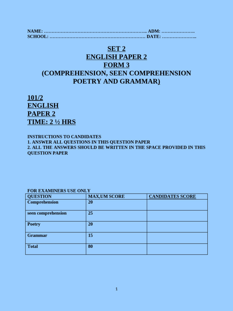 Set 2-Eng Form 3 p2 | PDF