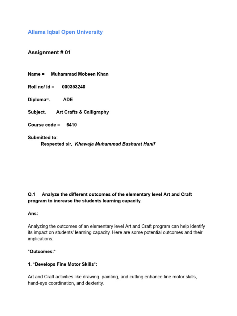 Assignment#01 Arts, Crafts & Calligraphy (6410) | PDF | Learning ...