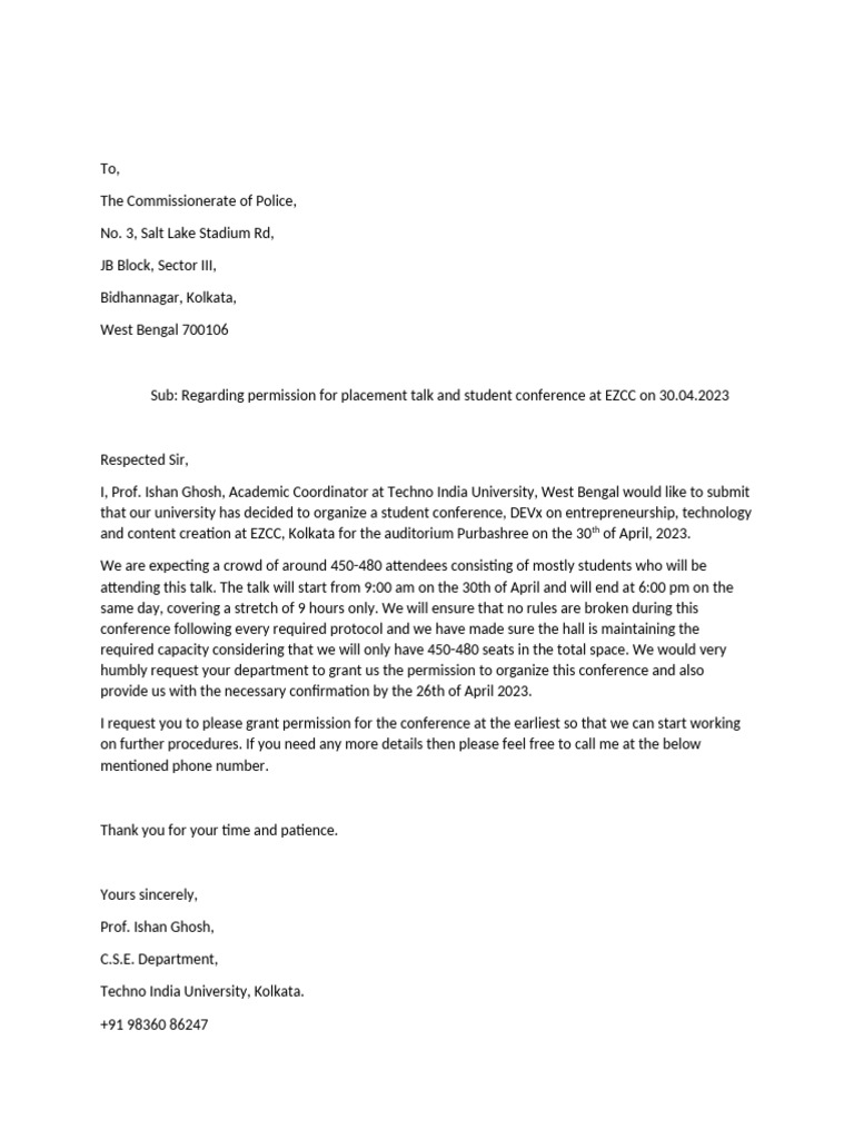 Police Permission Letter For Official Event | PDF