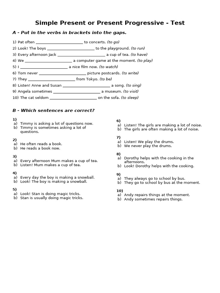 Test Simple Present - Present Continuous | PDF