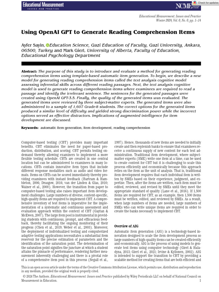 AI Reading Comprehension Items | PDF