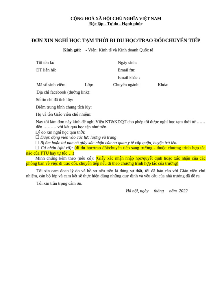 Mẫu đơn xin bảo lưu đi du học trao đổi chuyển tiếp gửi Viện KT&KDQT | PDF