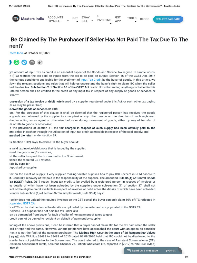 Can ITC Be Claimed by The Purchaser If Seller Has Not Paid The Tax Due To The Government ...