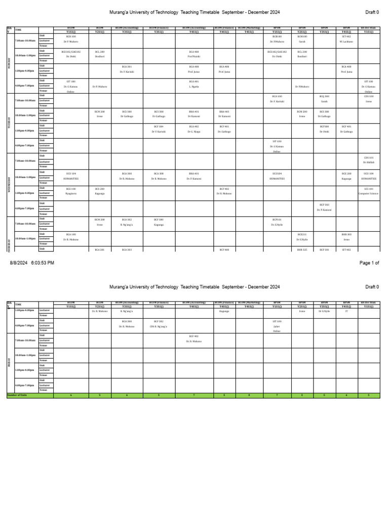 Teaching Timetable Sep - Dec 2024 Online - XLSX - Undergraduate | PDF