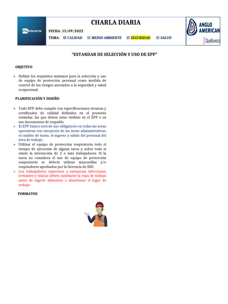 Charla Diaria. Estandar de Selección y Uso de EPP | PDF