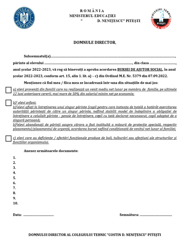 Cerere Bursa de Ajutor Social | PDF