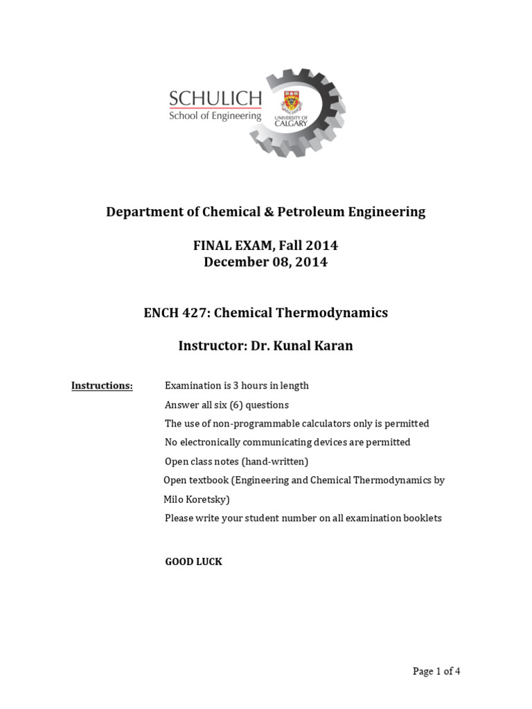 2014 ENCH 427 Final Exam | PDF